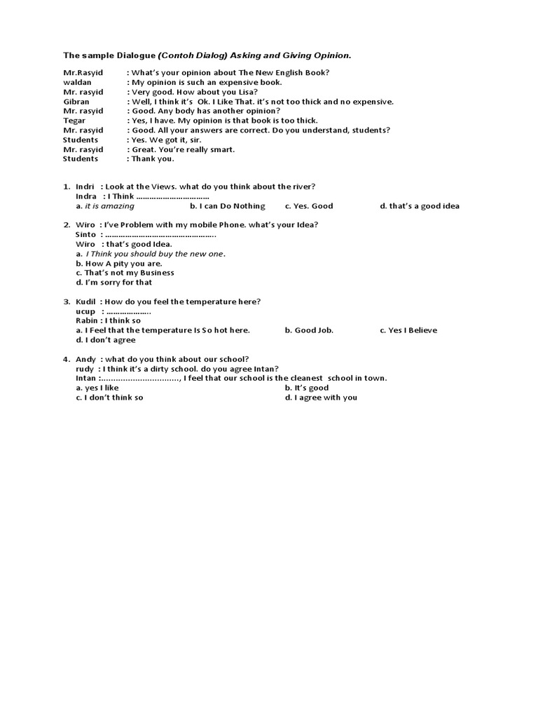 The Sample Dialogue (Contoh Dialog) Asking and Giving Opinion | PDF