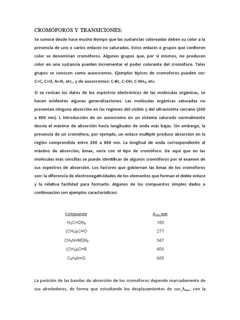 Cromóforos y Transiciones Electrónicas | PDF | Cromóforo | Enlace químico