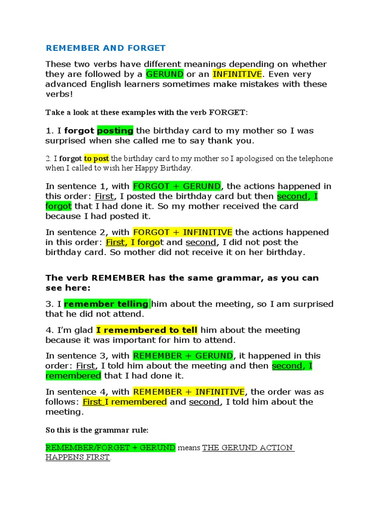 Remember and Forget: Take A Look at These Examples With The Verb FORGET ...