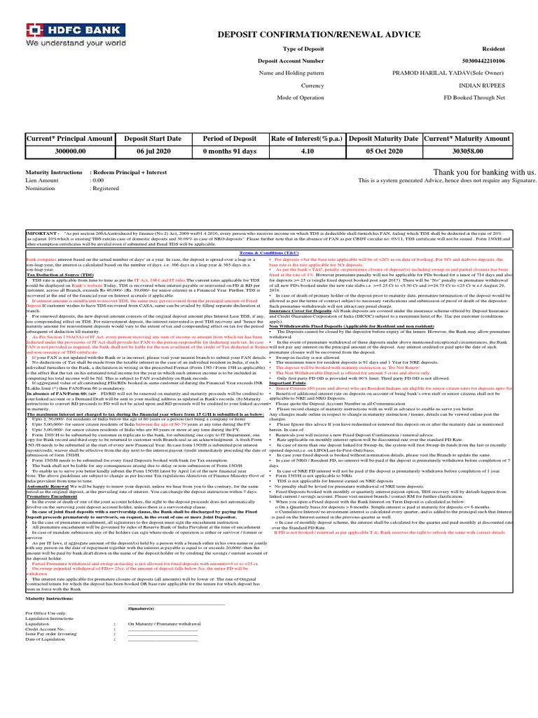 Deposit Confirmation/Renewal Advice | PDF | Money | Financial Services