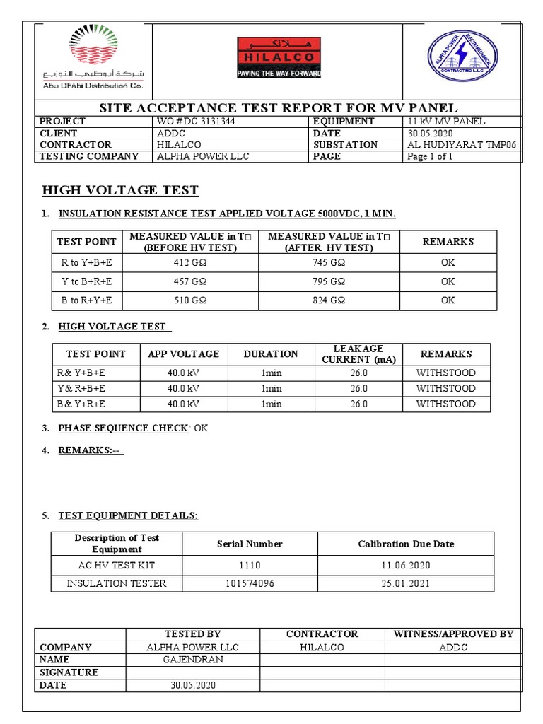 Site Acceptance Test Report For MV Panel: Description of Test Equipment ...