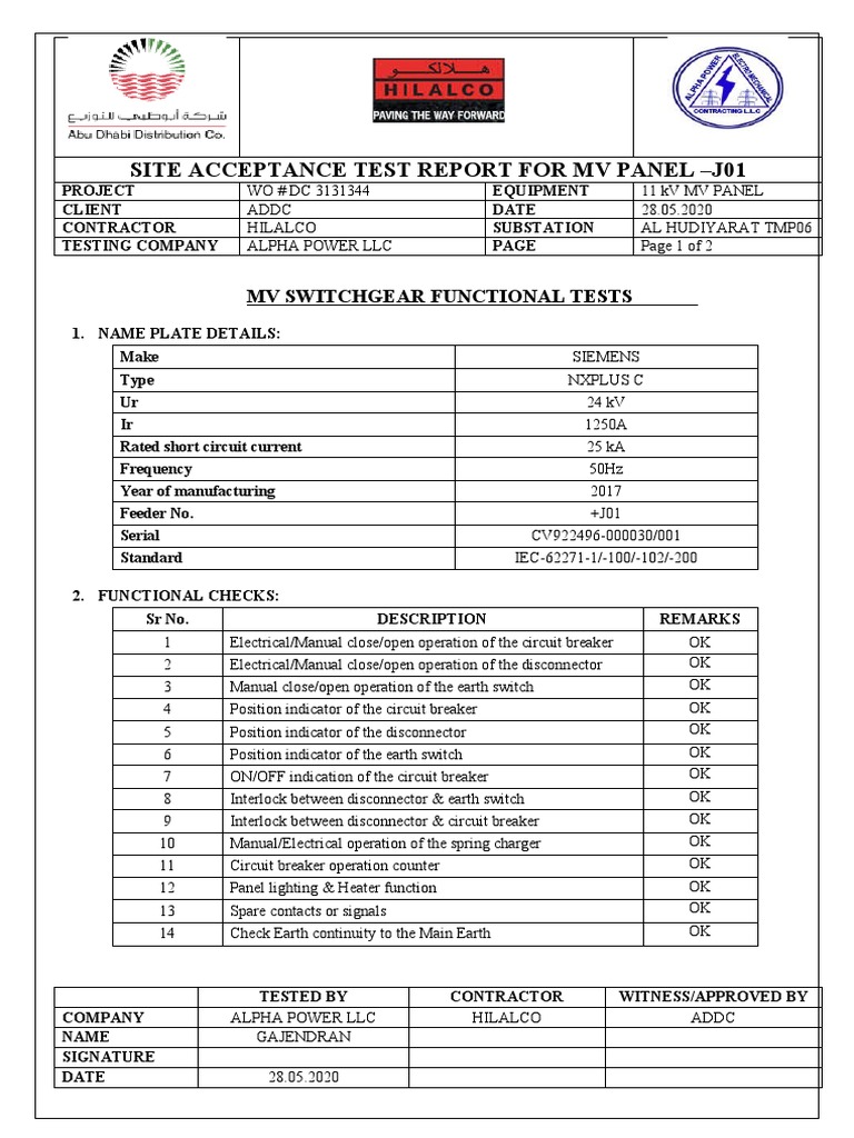 Site Acceptance Test Report For MV Panel - J01: MV Switchgear ...