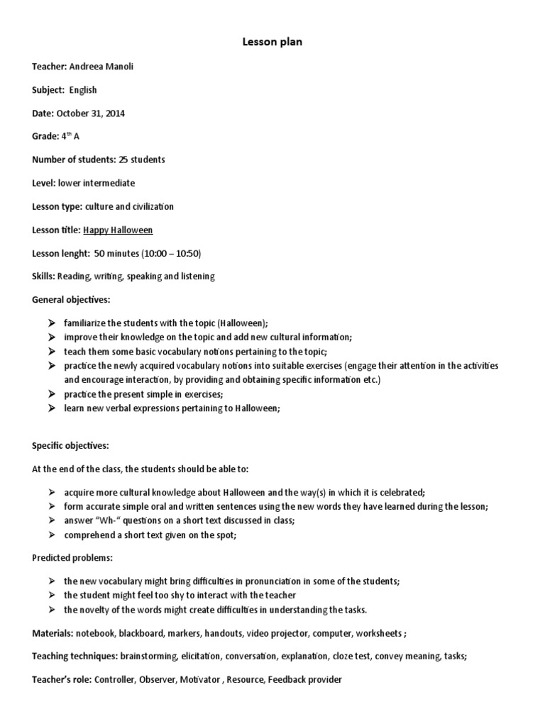 L1 Happy Halloween Lesson Plan | PDF | Lesson Plan | Vocabulary