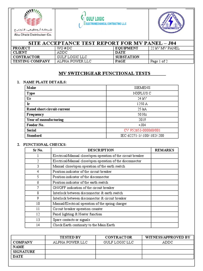 Site Acceptance Test Report For MV Panel - J04: MV Switchgear ...