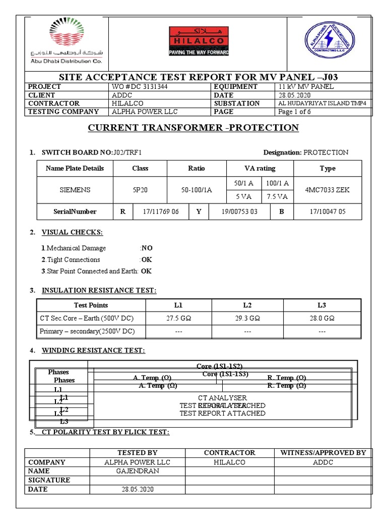 Site Acceptance Test Report For MV Panel - J03: Al Hudayriyat Island ...