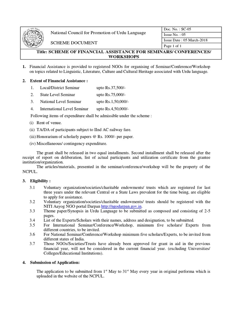 Financial Assistance For Seminar Conference Workshop Pdf Government