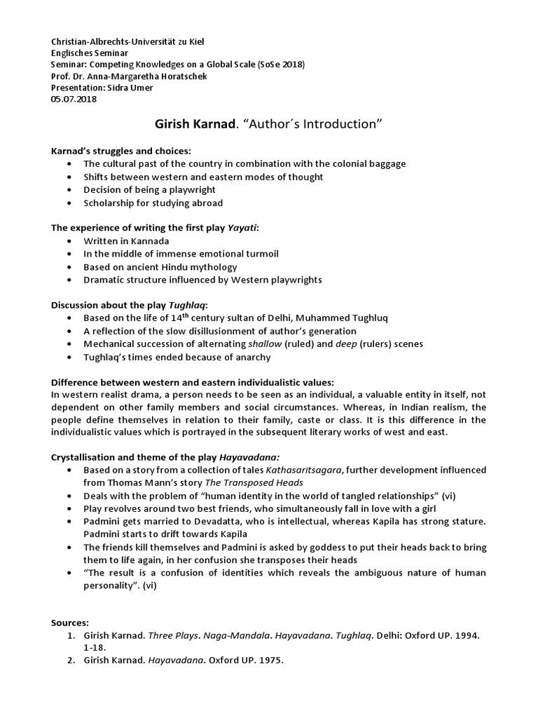 Girish Karnad. "Author S Introduction" | PDF | General Fiction