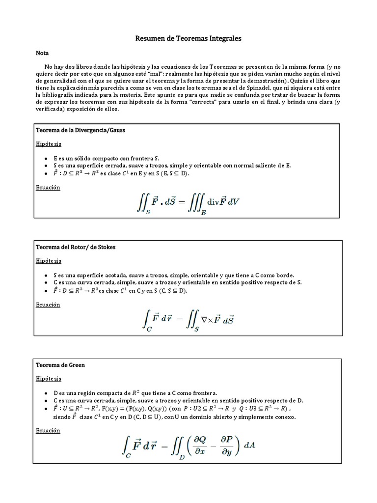 Resumen Teoremas Integrales PDF | PDF | Integral | Vector Euclidiano