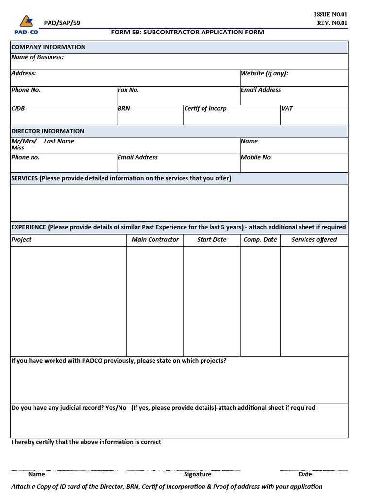 Form 59: Subcontractor Application Form: Issue No.01 REV. NO.01 | PDF ...