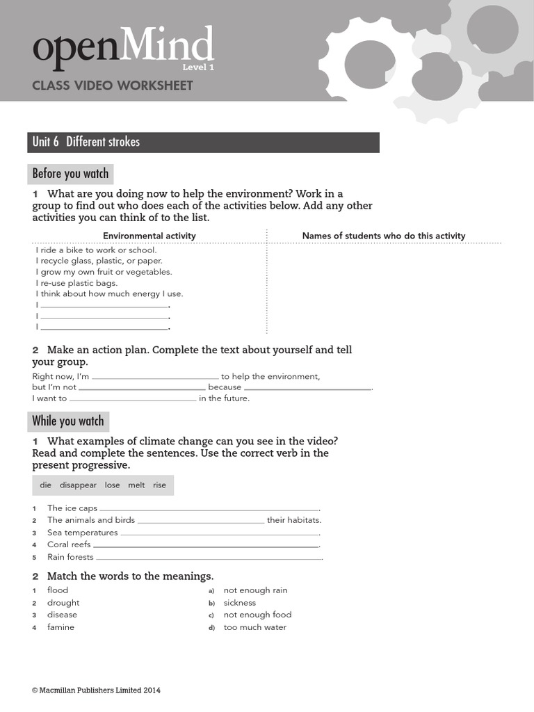 Openmind 1 Unit 6 Class Video Worksheet PDF | PDF | Natural Environment ...
