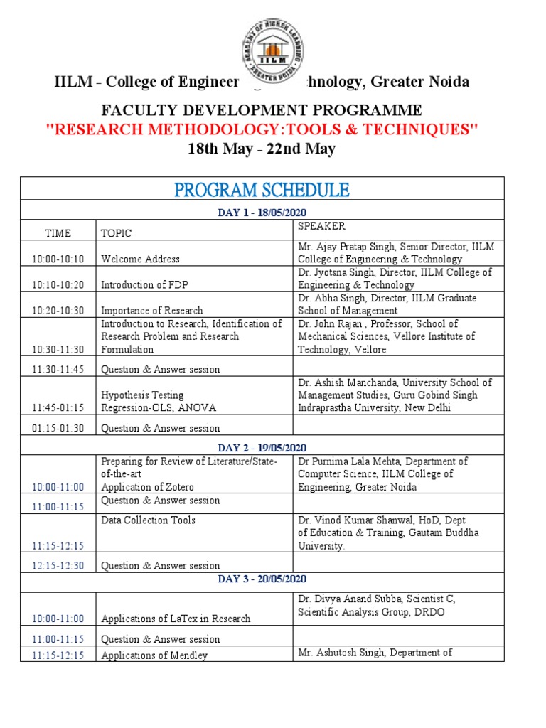 FDP Research Methodology Program Schedule | PDF | Engineering | Inquiry