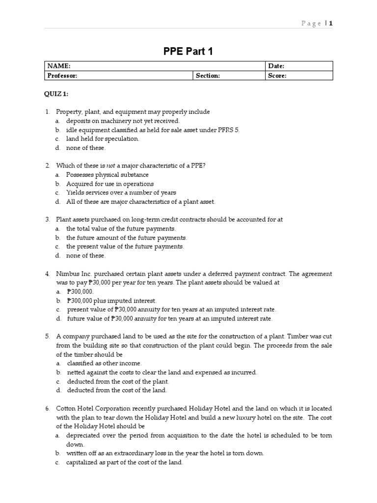 Quiz Ppe Part 1 Answer Key Pdf Cost Book Value
