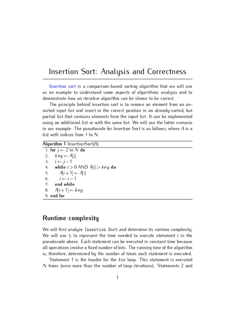 Insertion Sort: Analysis and Correctness: Runtime Complexity | PDF | Control Flow | Applied ...