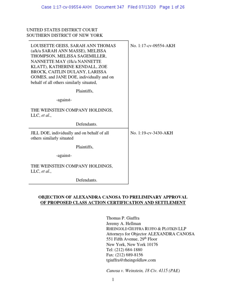 Objection of Alexandra Canosa (Filed) | PDF | Settlement (Litigation ...