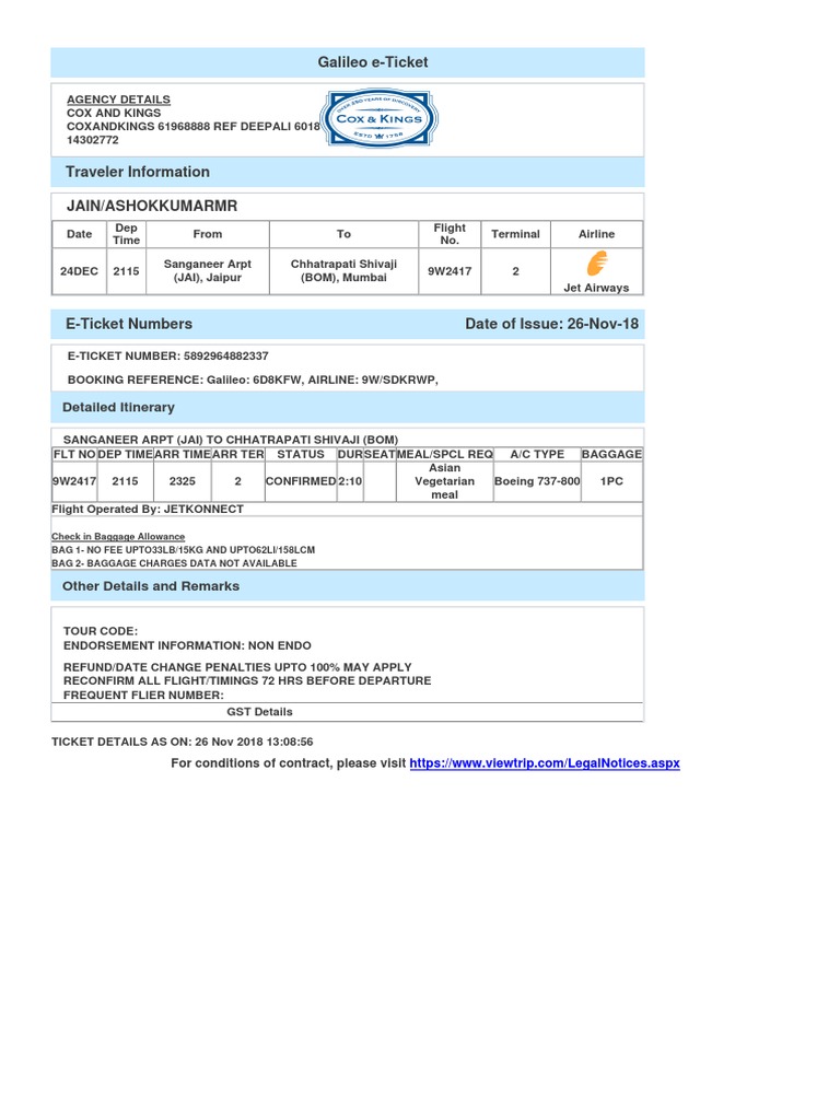 Galileo E-Ticket: Detailed Itinerary | PDF