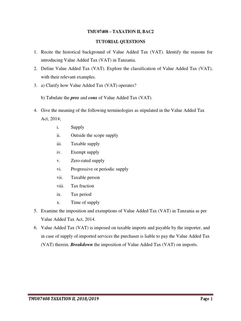 VAT Tutorial Questions PDF | PDF | Value Added Tax | Excise