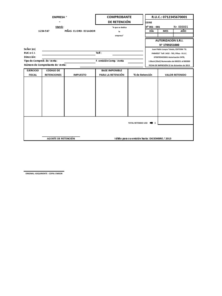 Modelo de Comprobante de Retención | PDF