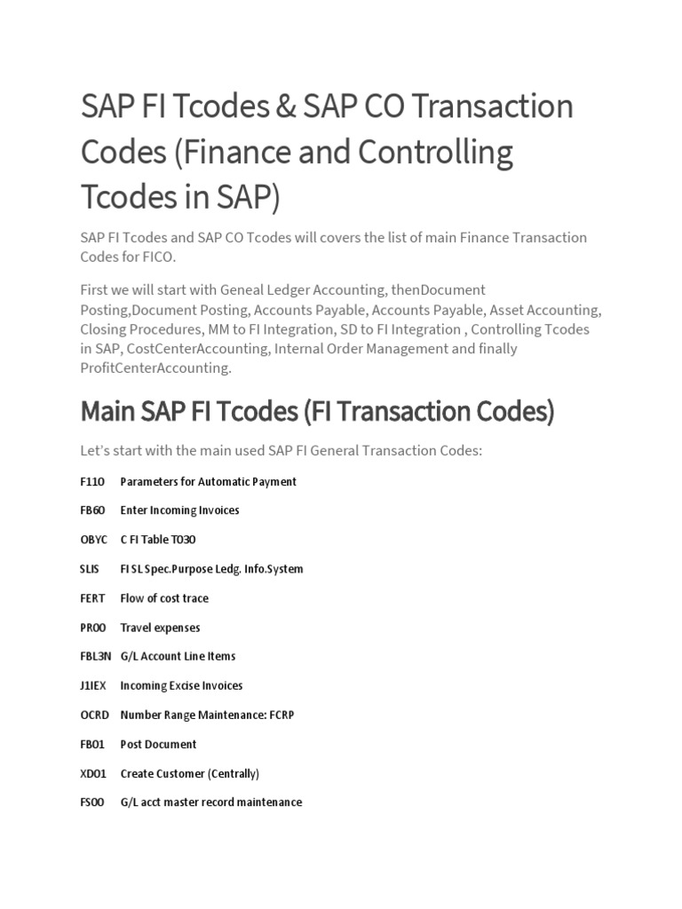 SAP FI & CO Tcodes Overview | PDF | Deferral | Accounts Payable