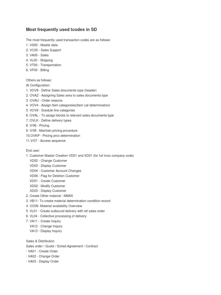 Key SAP Transaction Codes for Logistics | PDF | Inventory | Sales