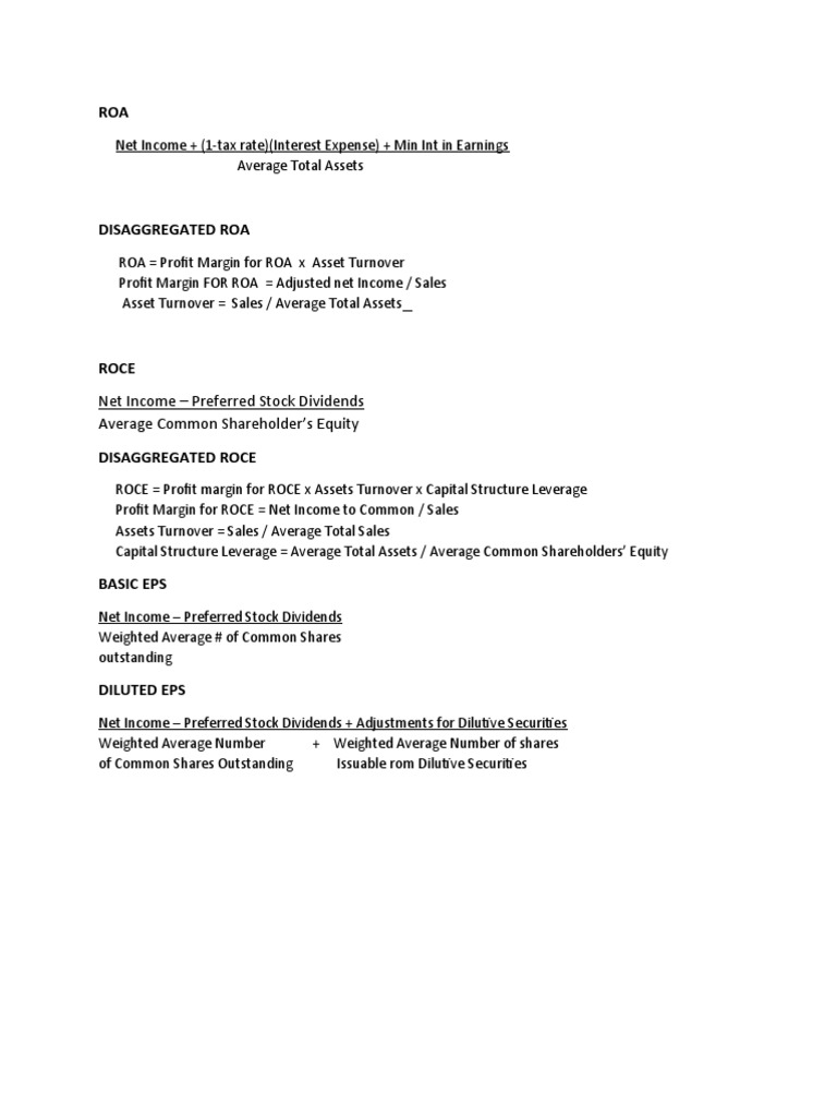 Fsa - Formula Sheet | PDF | Equity (Finance) | Return On Equity