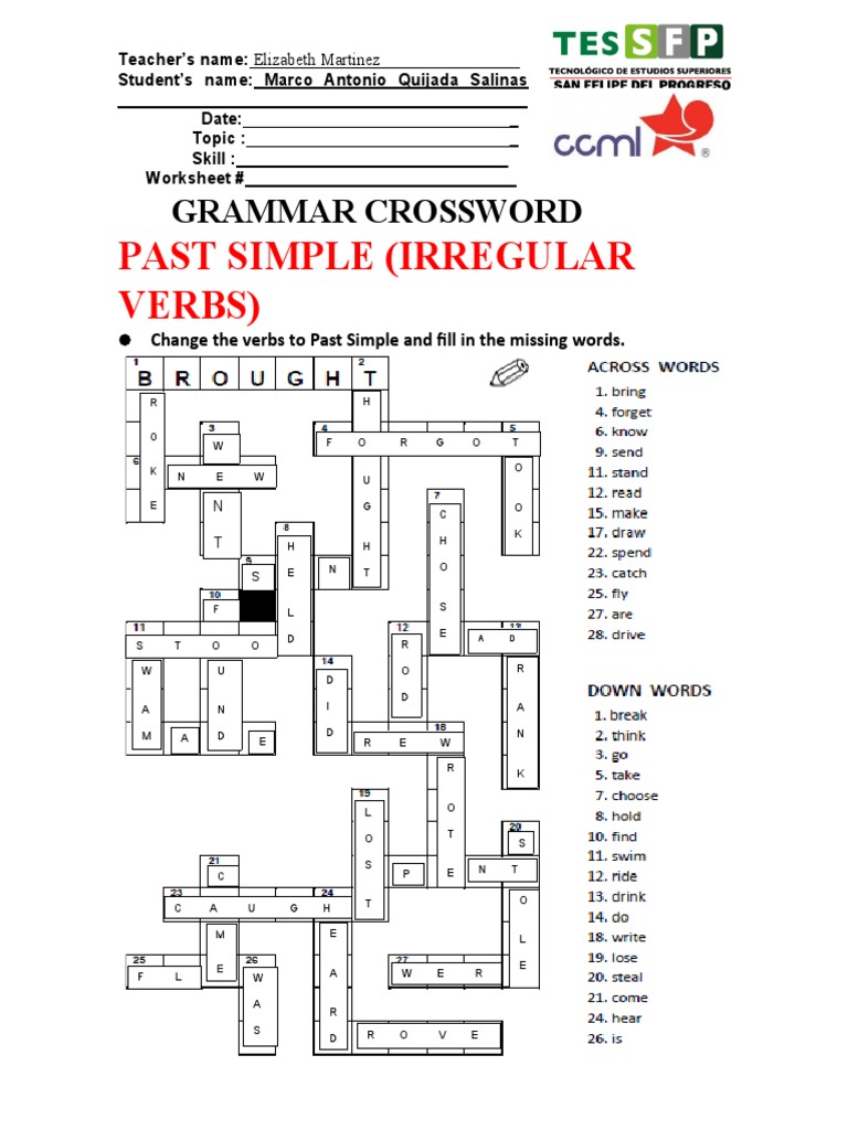 Past Simple (Irregular Verbs) : Grammar Crossword | PDF | Grammar ...