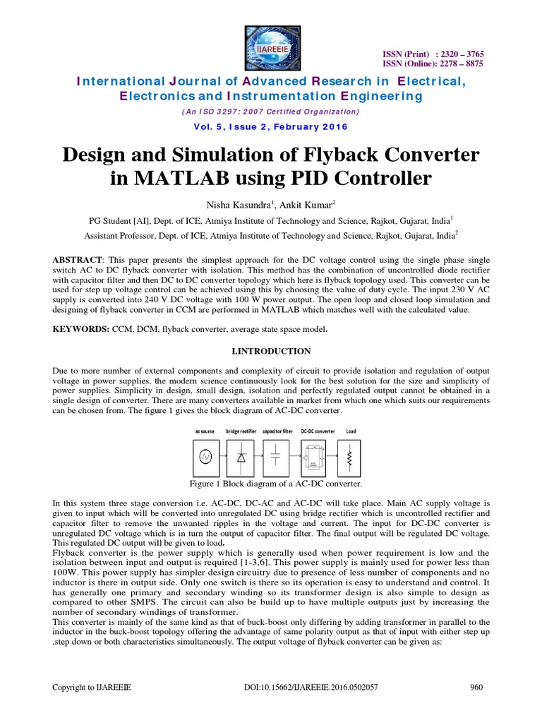 Design and Simulation of Flyback Converter in MATLAB Using PID Controller | PDF | Rectifier ...