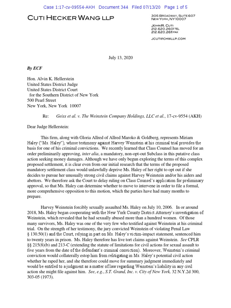 Letter To Judge Alvin Hellerstein | PDF | Class Action | Settlement ...