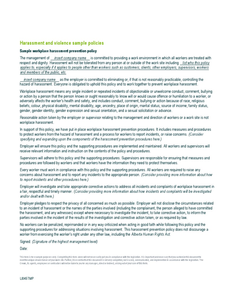 Harassment and Violence Samples and Procedures Templates PDF | PDF ...