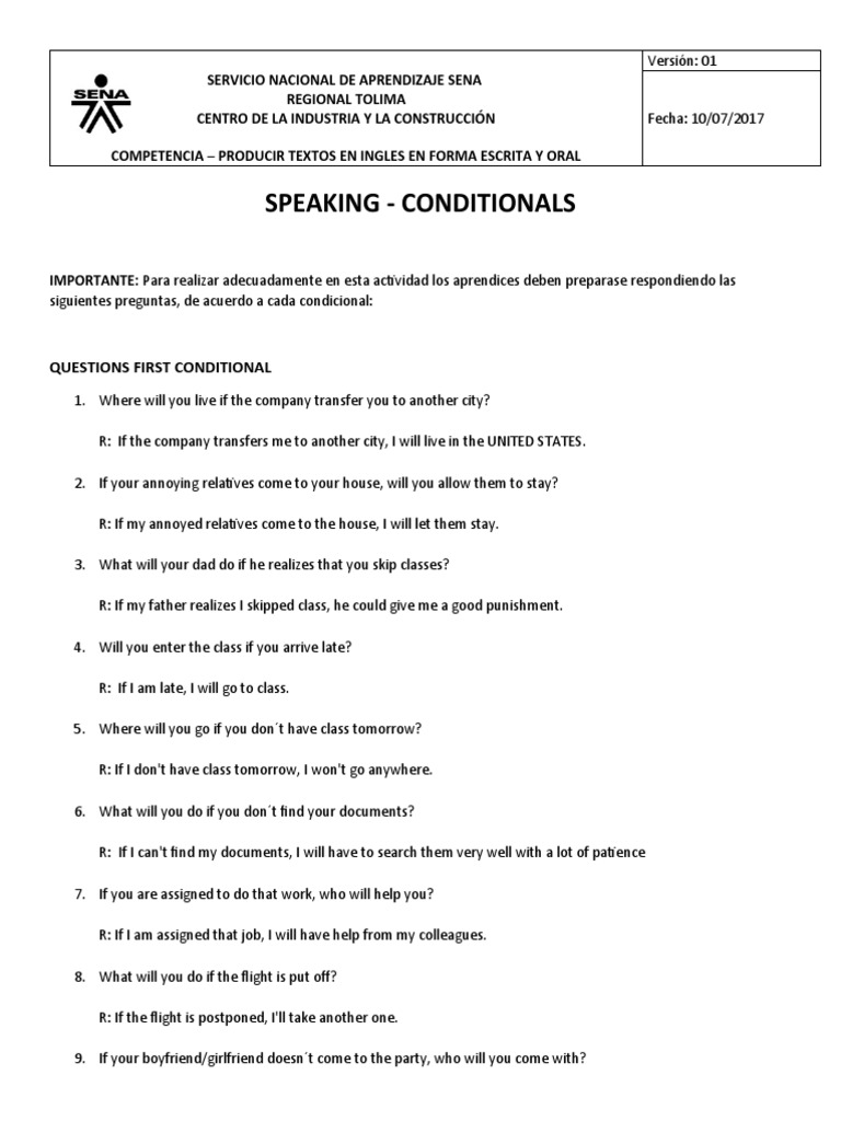 Speaking - Conditionals: Questions First Conditional | PDF