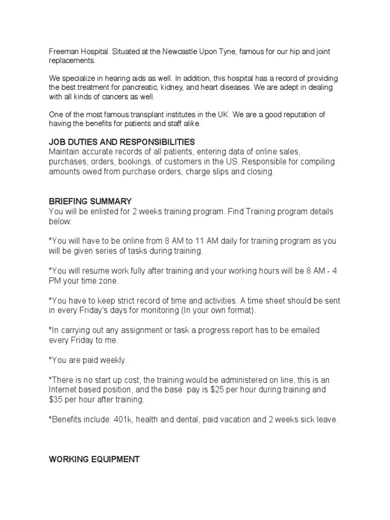 Freeman Hospital Job Training Overview | PDF
