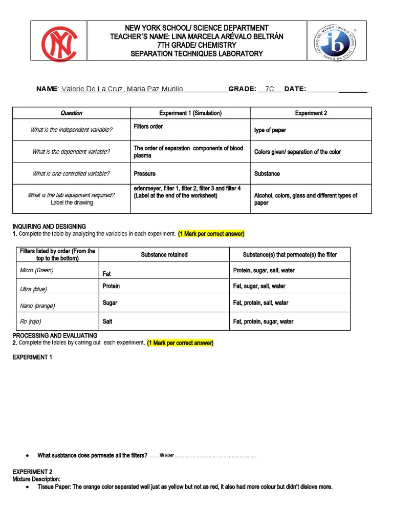 7th Grade Chemistry Separation Techniques Lab | PDF | Chemical ...