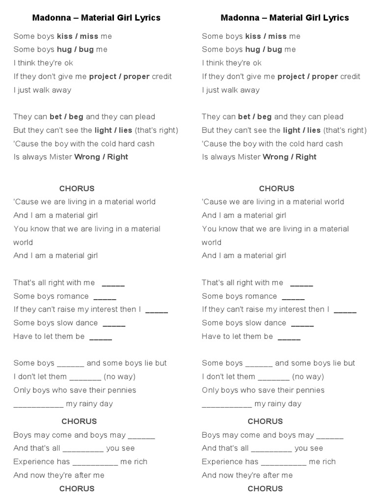 Material Girl Lyrics by Madonna | PDF | Song Recordings Produced | Pop ...
