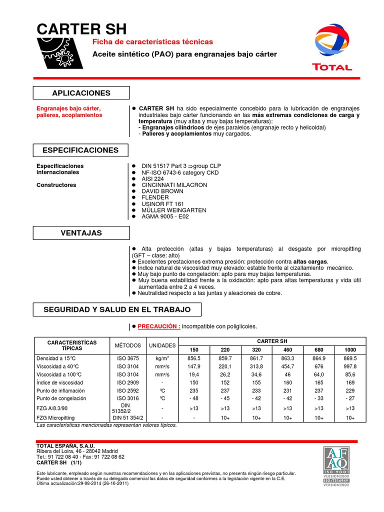 Carter SH Ficha Tecnica | PDF | Engranaje | Materiales