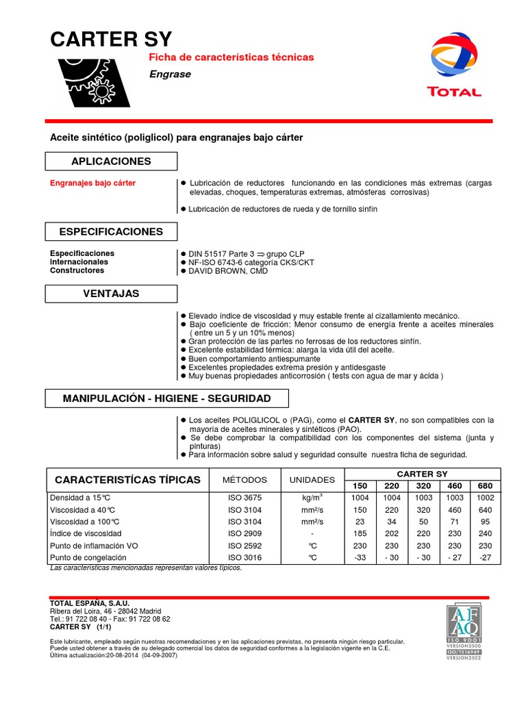 Carter Sy Ficha Tecnica | PDF | Lubricante | Engranaje