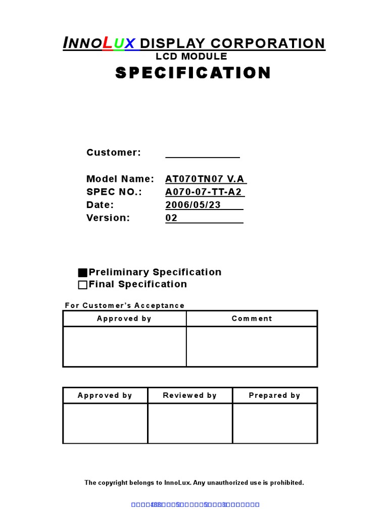 Specification Specification Specification Specification: NNO Display ...