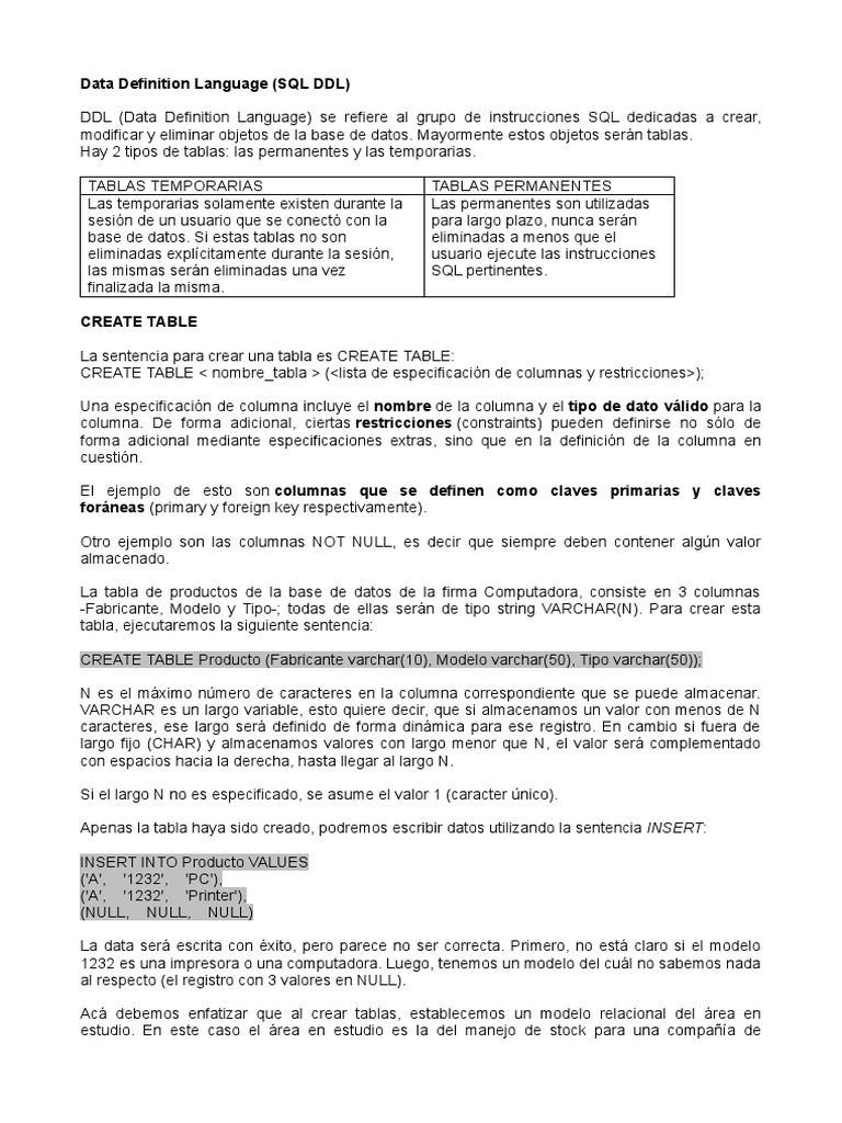 Data Definition Language (SQL DDL | PDF | SQL | Objeto (informática)