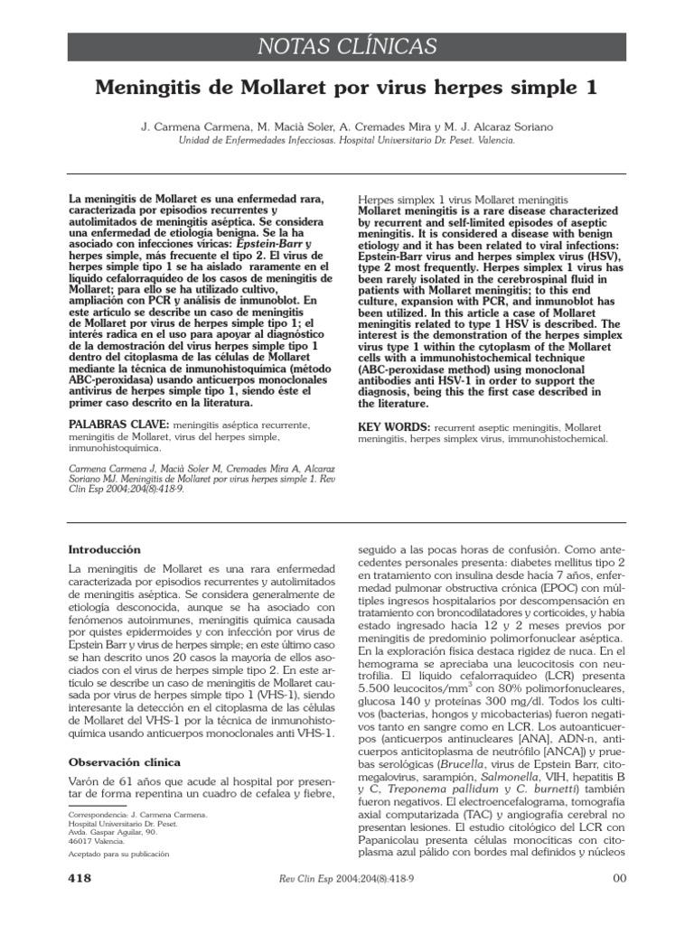 Meningitis de Mollaret por VHS-1 | PDF | Meningitis | Herpes Simple