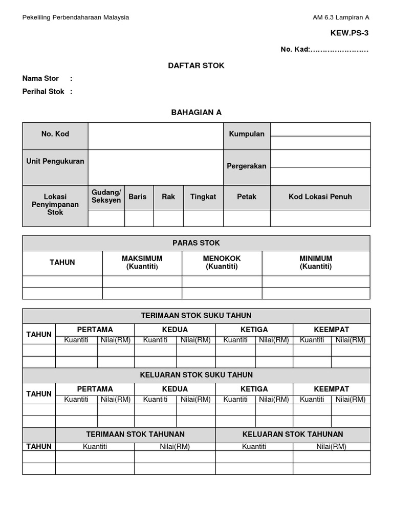 Kew - PS 3 Daftar Stok Bahagian A PDF | PDF