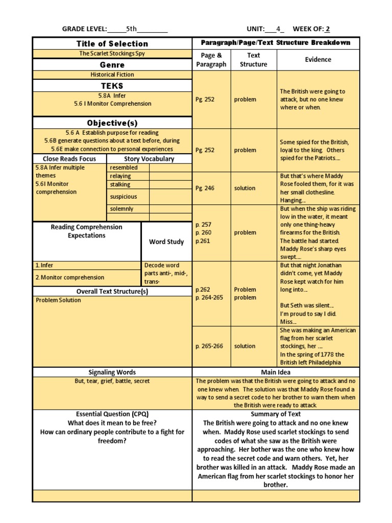 Unit 4 - The Scarlet Stockings Spy-Ts-Planning Guide - Grade5 | PDF