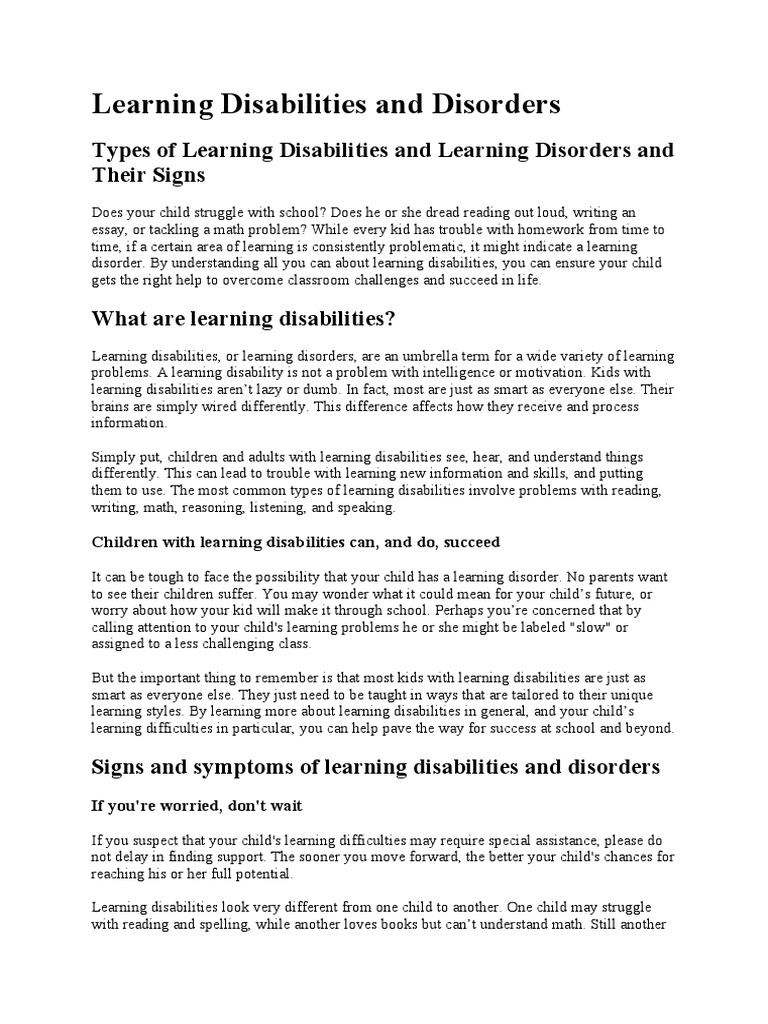 Learning Disabilities and Disorders | PDF | Learning Disability | Aphasia