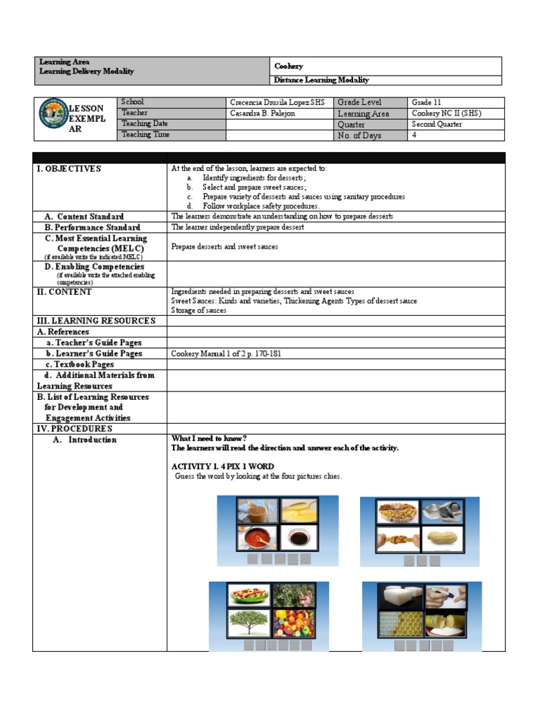 Dessert Preparation Lesson Plan | PDF | Desserts | Applied Psychology
