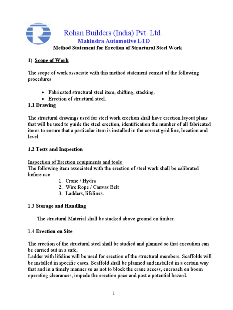 Method Statement for Steel Erection | PDF | Crane (Machine) | Personal ...