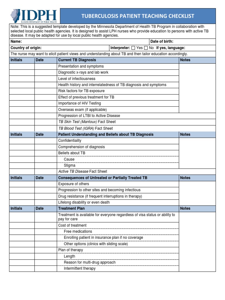 Tuberculosis Patient Teaching Checklist: TB Skin Test (Mantoux) Fact ...