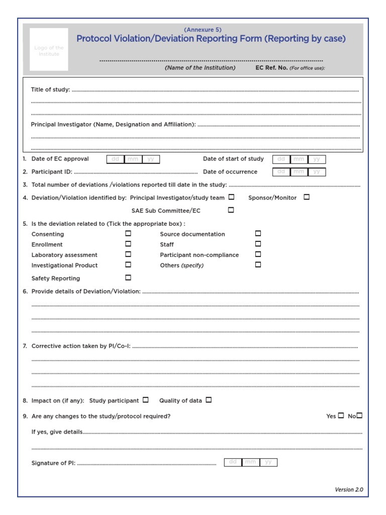 Protocol Violation/Deviation Reporting Form (Reporting by Case) | PDF ...
