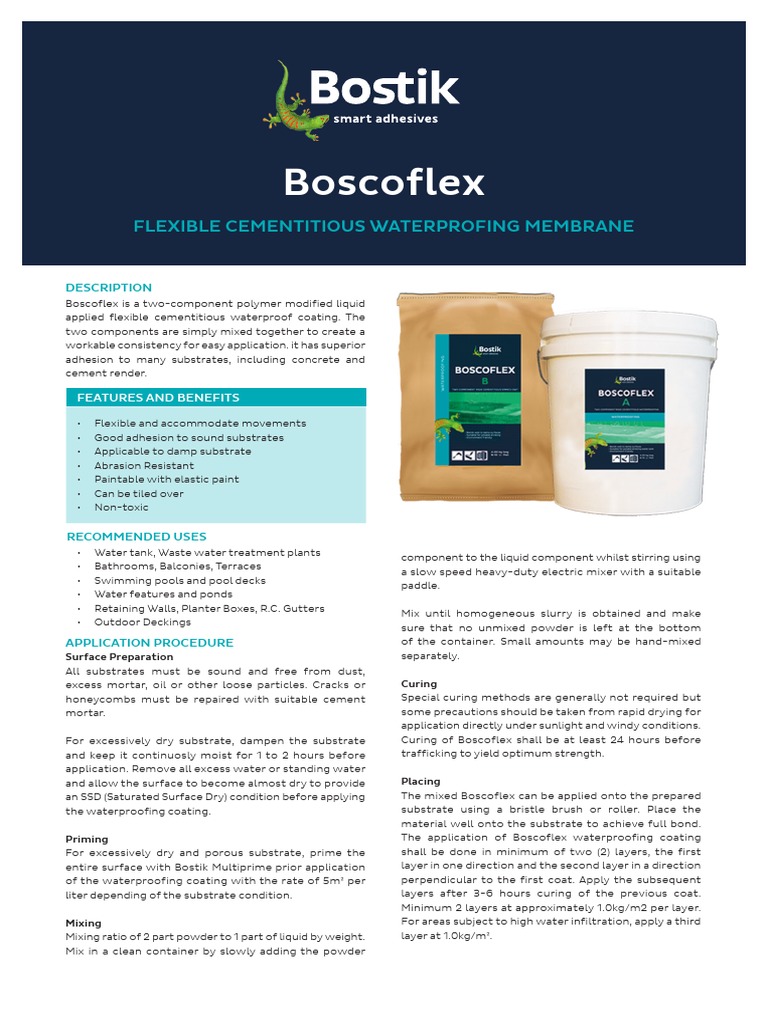 Boscoflex: Flexible Cementitious Waterprofing Membrane | PDF | Mortar ...