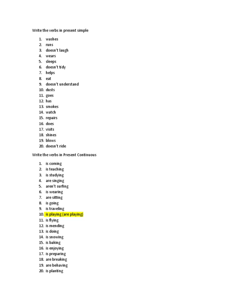 Write The Verbs in Present Simple | PDF