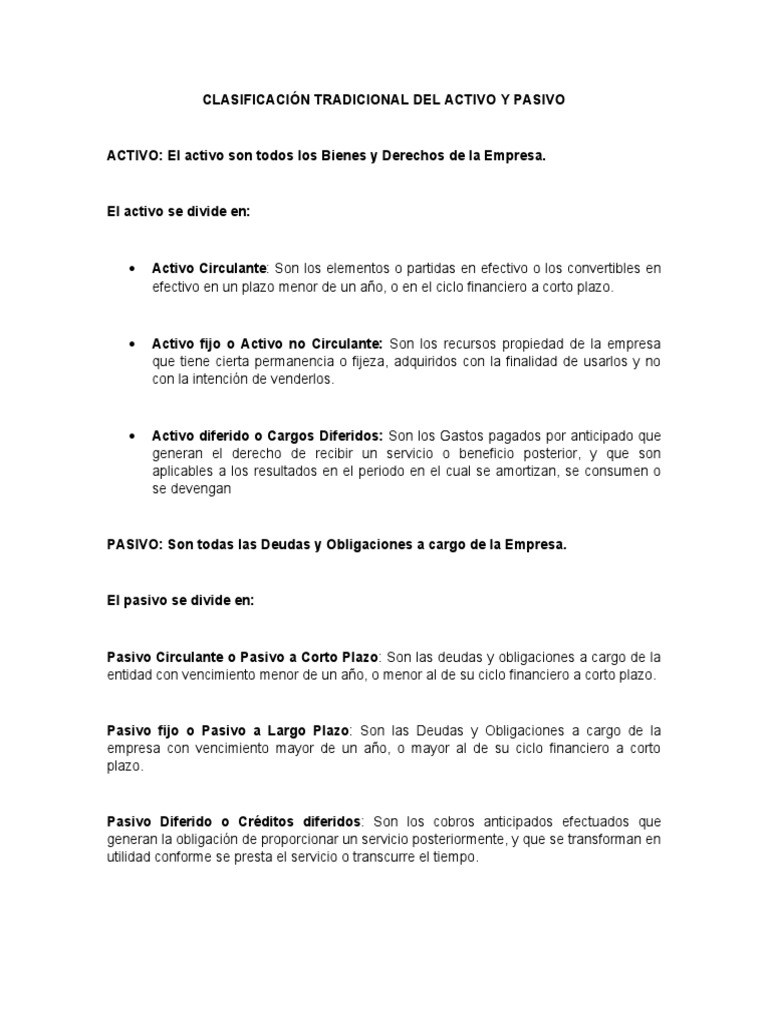 CLASIFICACIÓN TRADICIONAL DEL ACTIVO Y PASIVO | PDF | Hipoteca Comercial | Finanzas y ...