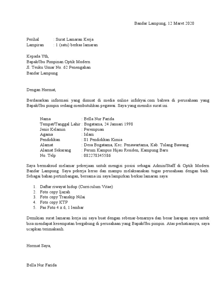 Lamaran Bella Optik Modern | PDF | Karier & Perkembangan | Ilmu Sosial