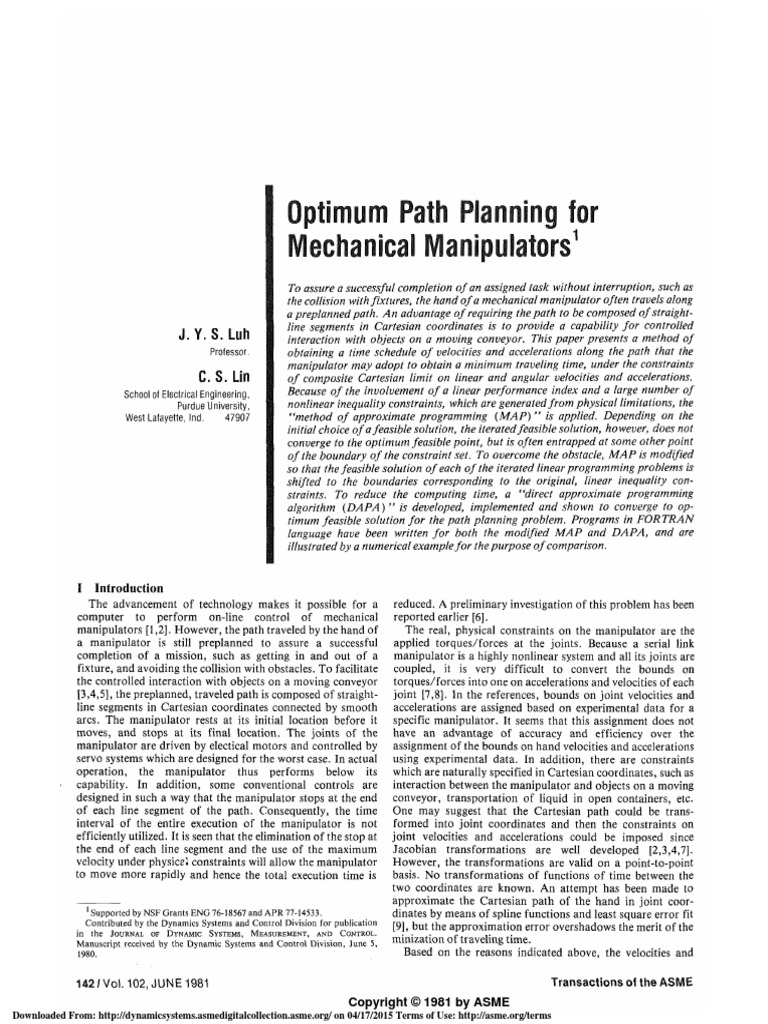 Optimum Path Planning For - Mechanical Manipulators | PDF ...