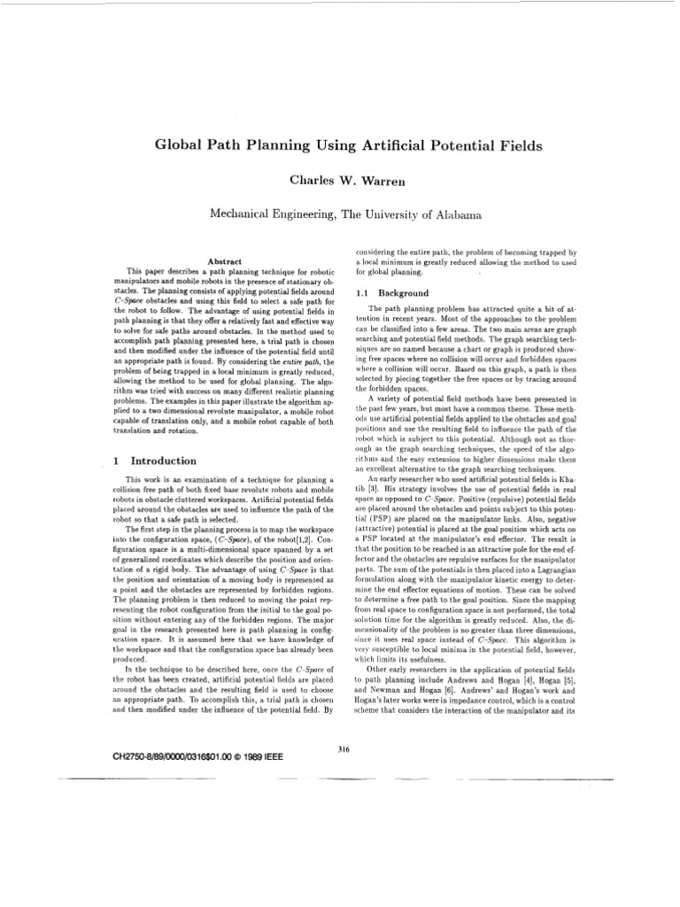 Global Path Planning Using Artificial Potential Fields Pdf Applied